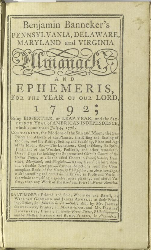 Almanac for 1792 - by Benjamin Banneker