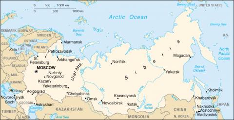 Map Showing Ural Mountains and Siberia